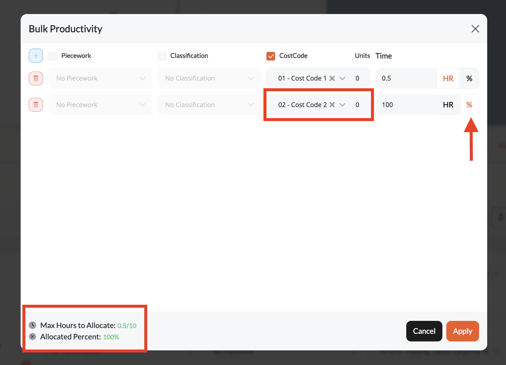 How do I bulk apply multiple Cost Codes to my timesheets?