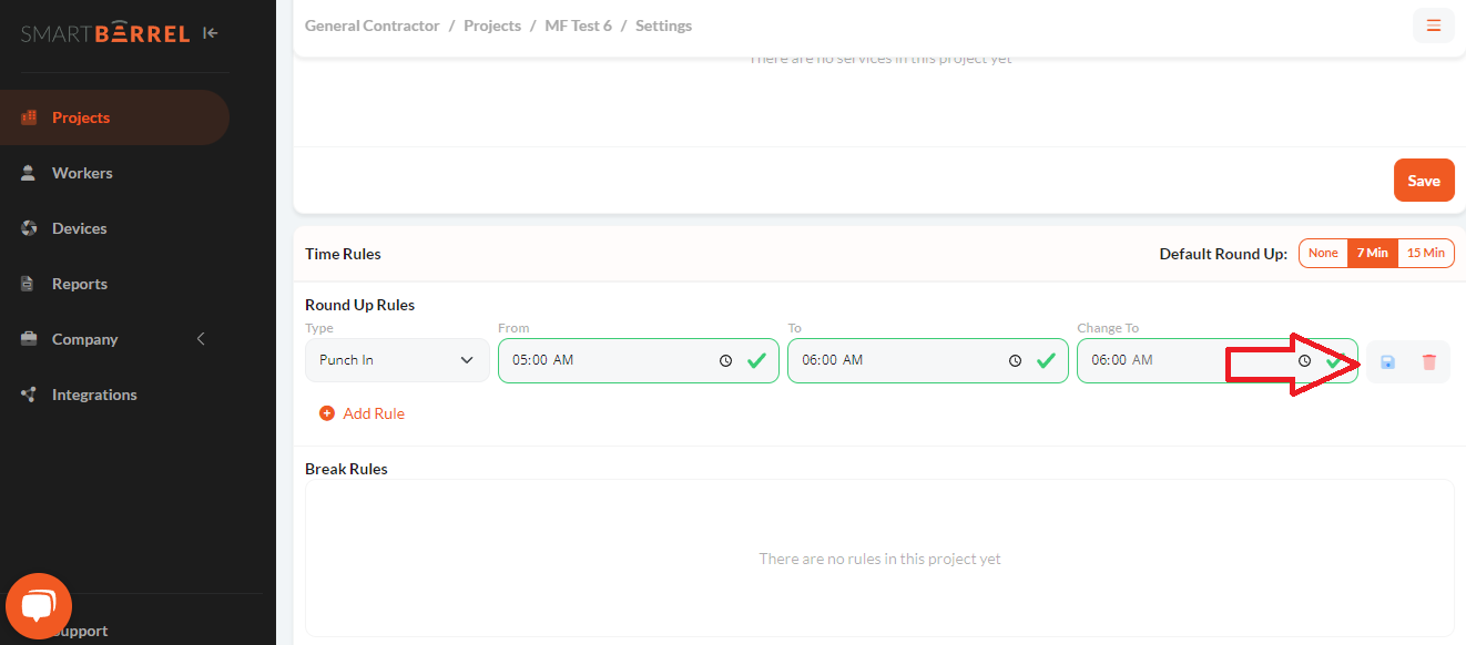 How do I set Rounding Rules and Break Time for my project?